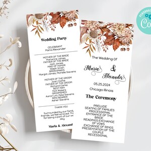 Boho Fall Wedding Program Template, Printable Autumn Floral Ceremony Run Sheet, Editable Earth ...