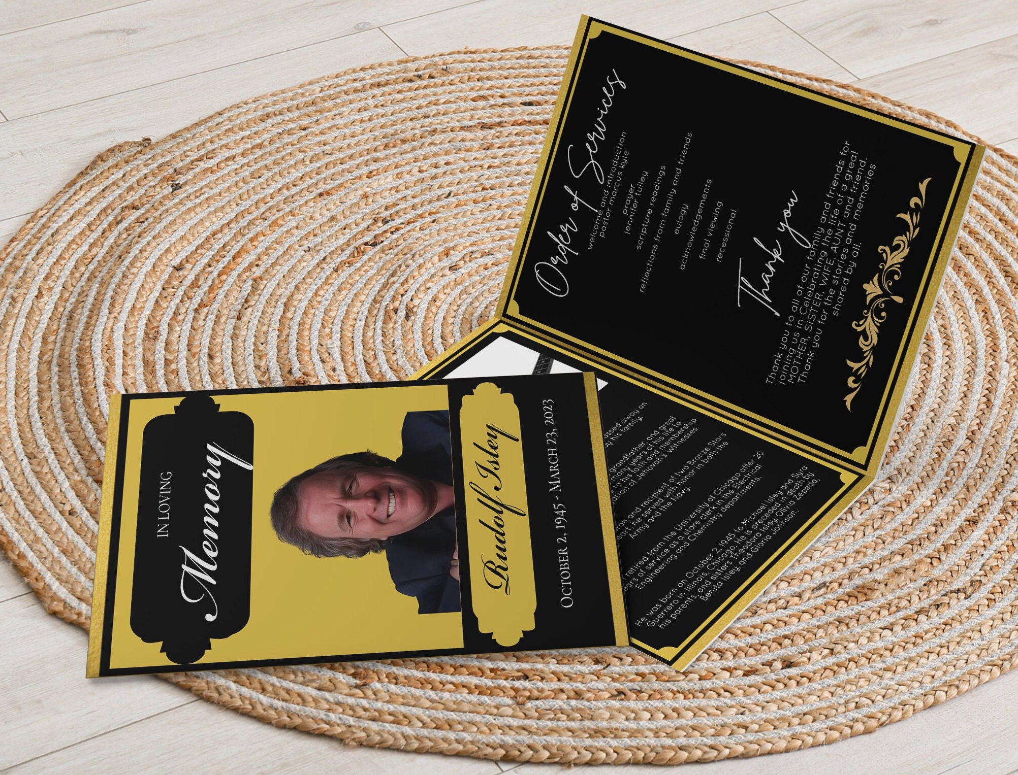 Black and Gold Funeral Program Template Male Man Gold Memorial Service ...