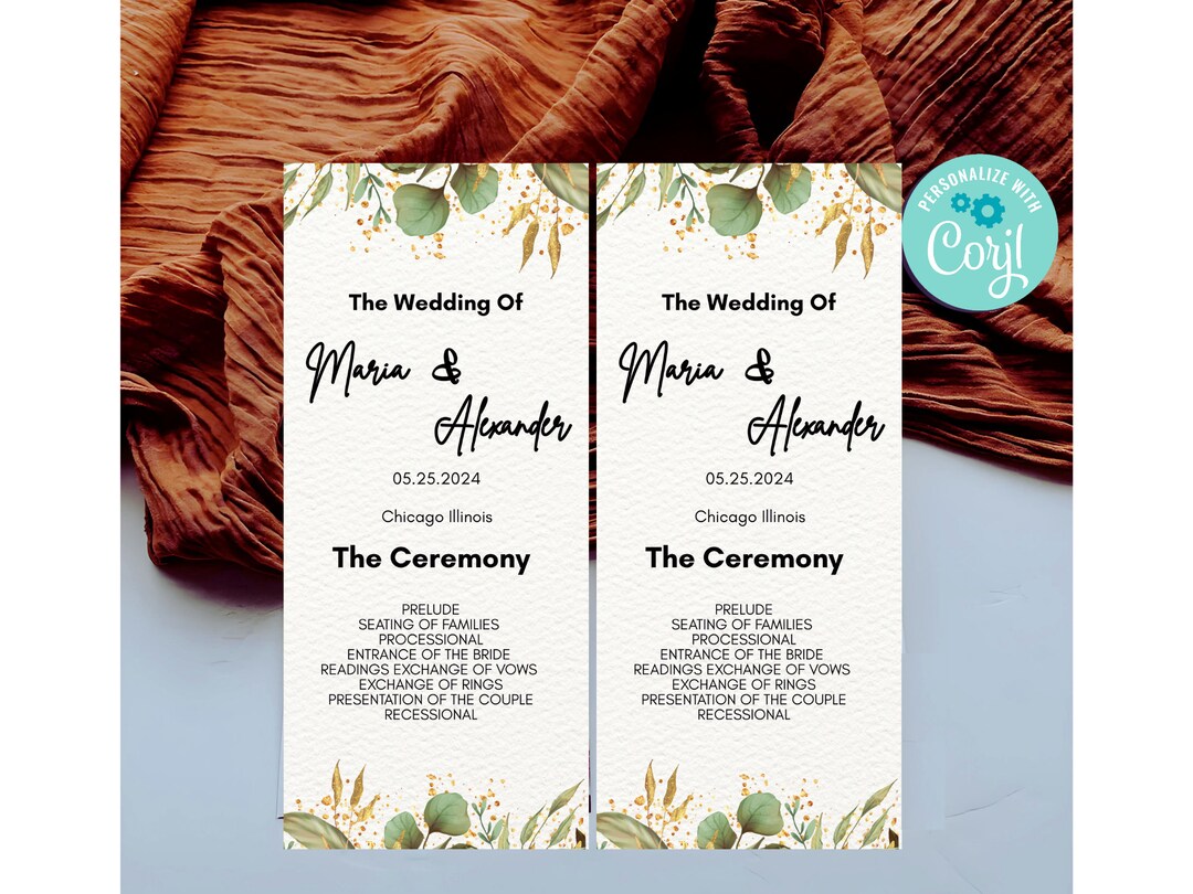 Wedding Program Template, Green and Gold Wedding Programs Greenery ...