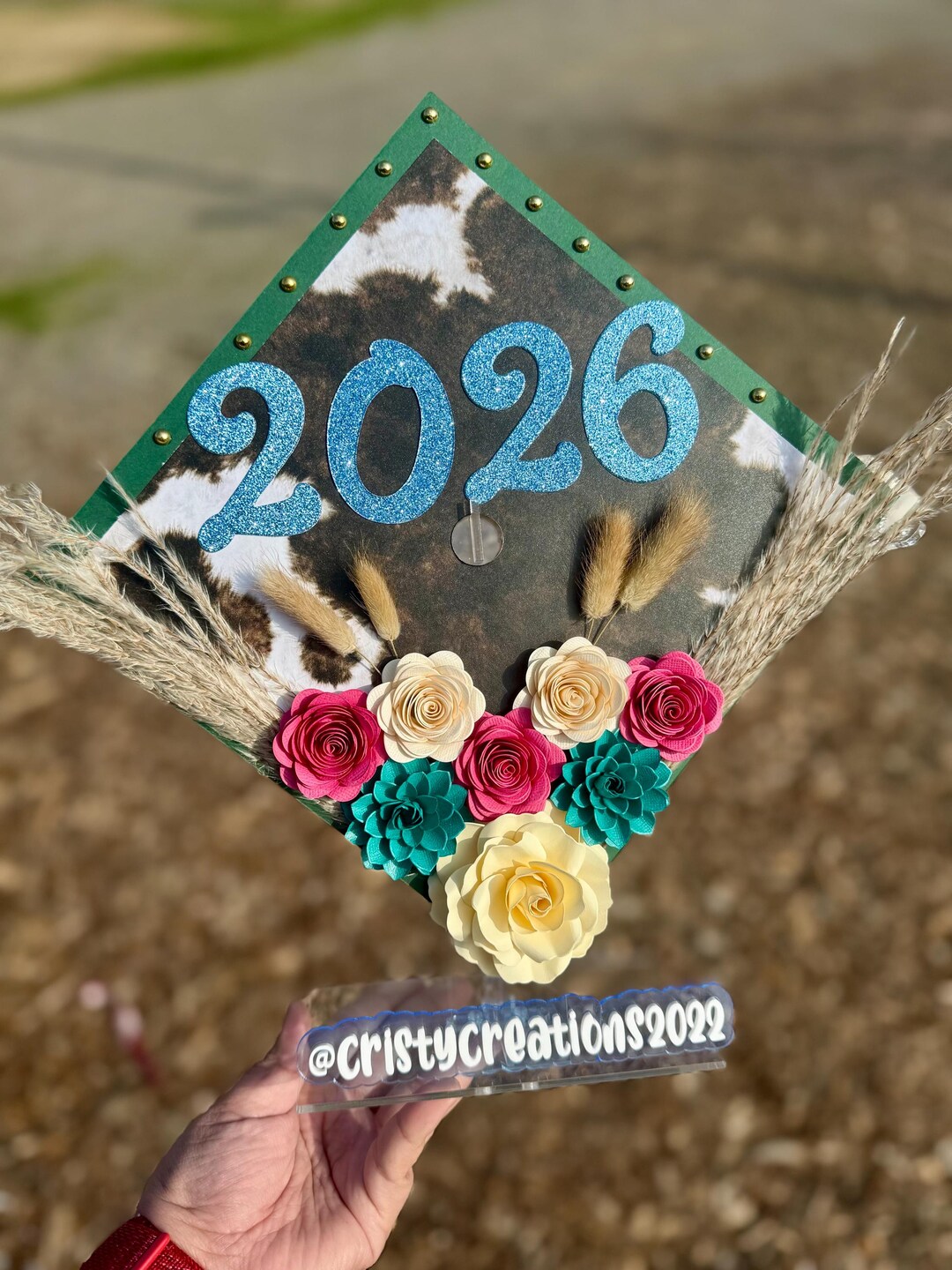 Cow Print Graduation Cap Topper 2026 • Boho Floral Grad Cap Decor ...