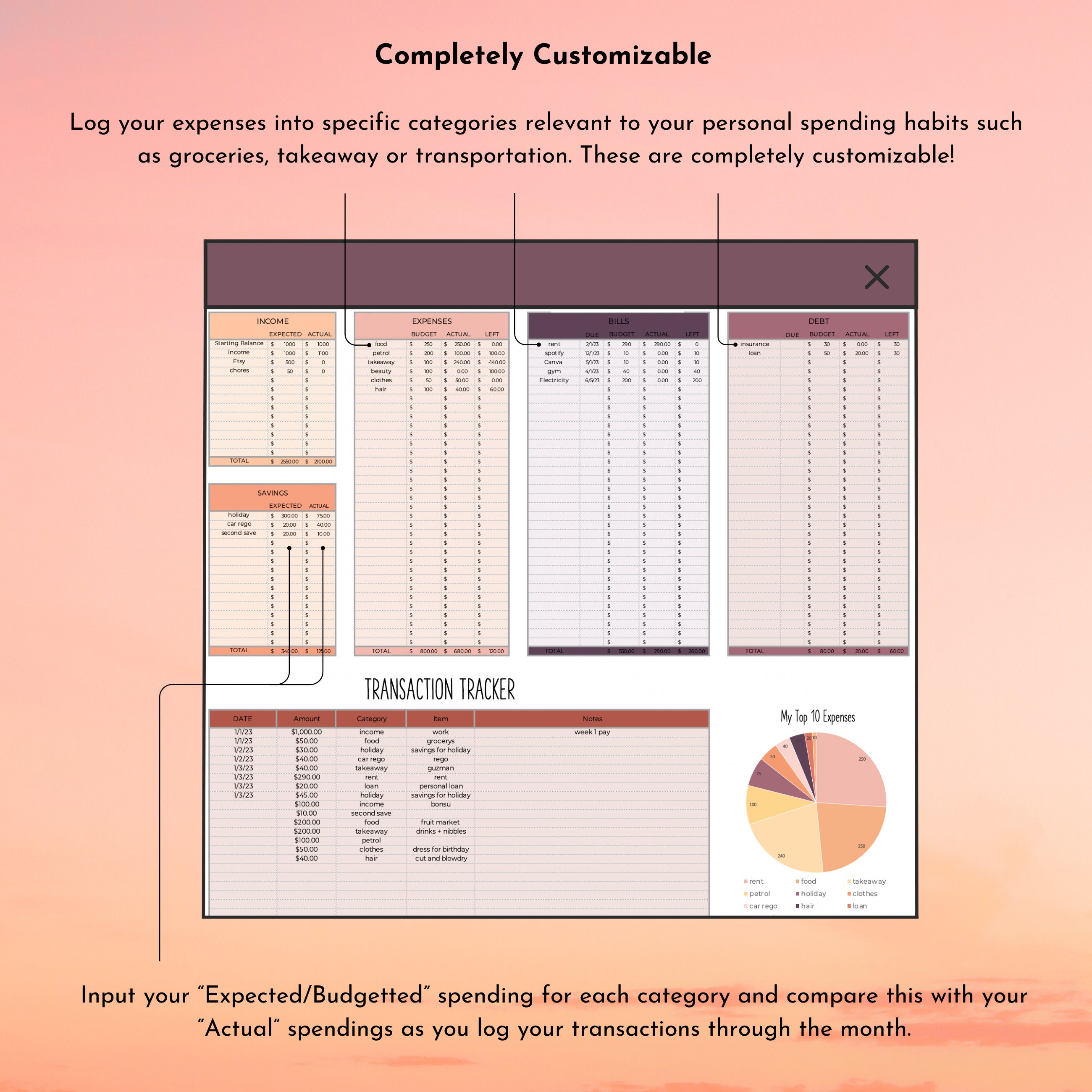 Monthly Budget Template, Beginner Excel Spreadsheet, Colorful Financial ...
