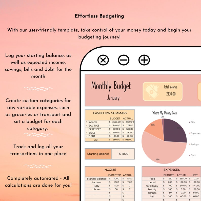 Monthly Budget Template, Beginner Excel Spreadsheet, Colorful Financial ...