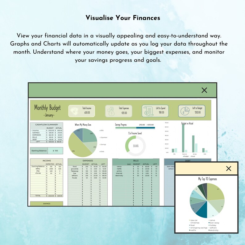 Monthly Budget Template, Beginner Excel Spreadsheet, Colorful Financial ...