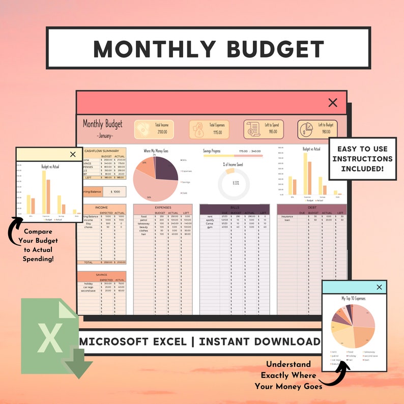 Monthly Budget Template, Beginner Excel Spreadsheet, Colorful Financial ...