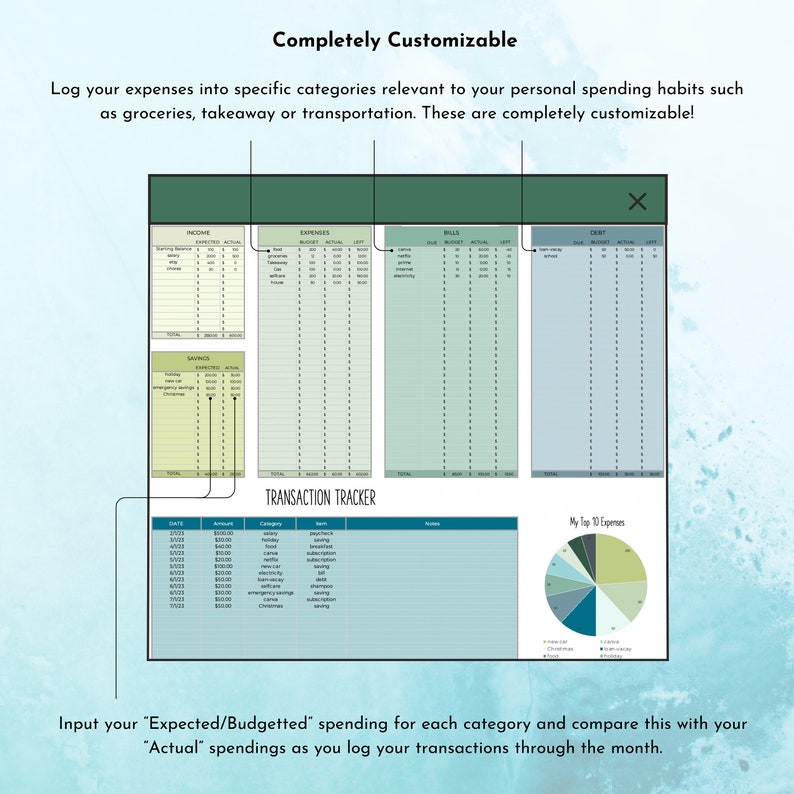 Monthly Budget Template, Beginner Excel Spreadsheet, Colorful Financial ...