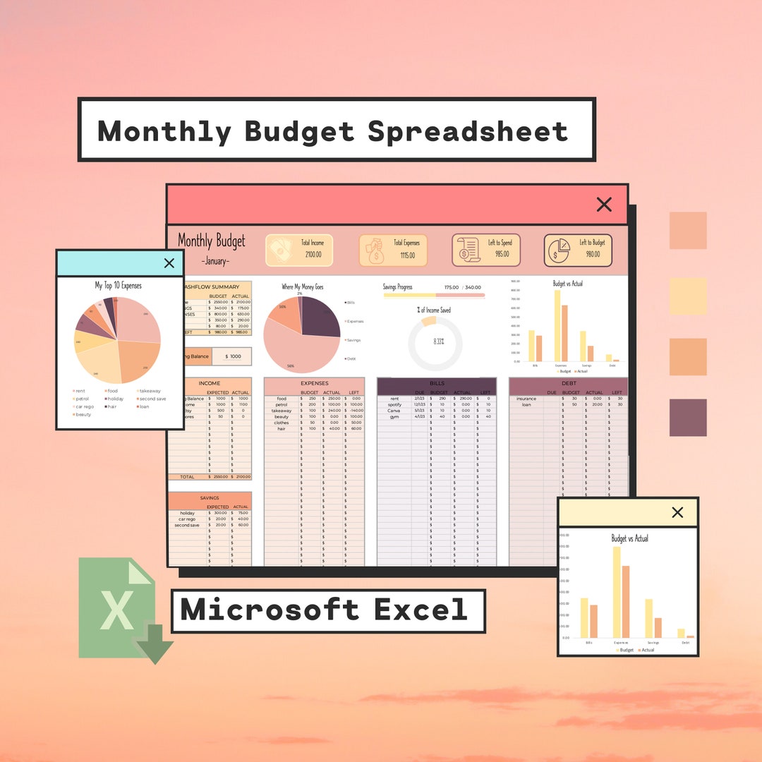Aesthetic Monthly Budget Beginner Excel Spreadsheet Colorful - Etsy