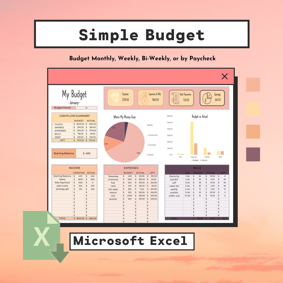 Simple Budget for Beginners, Excel Spreadsheet Template, Paycheck ...
