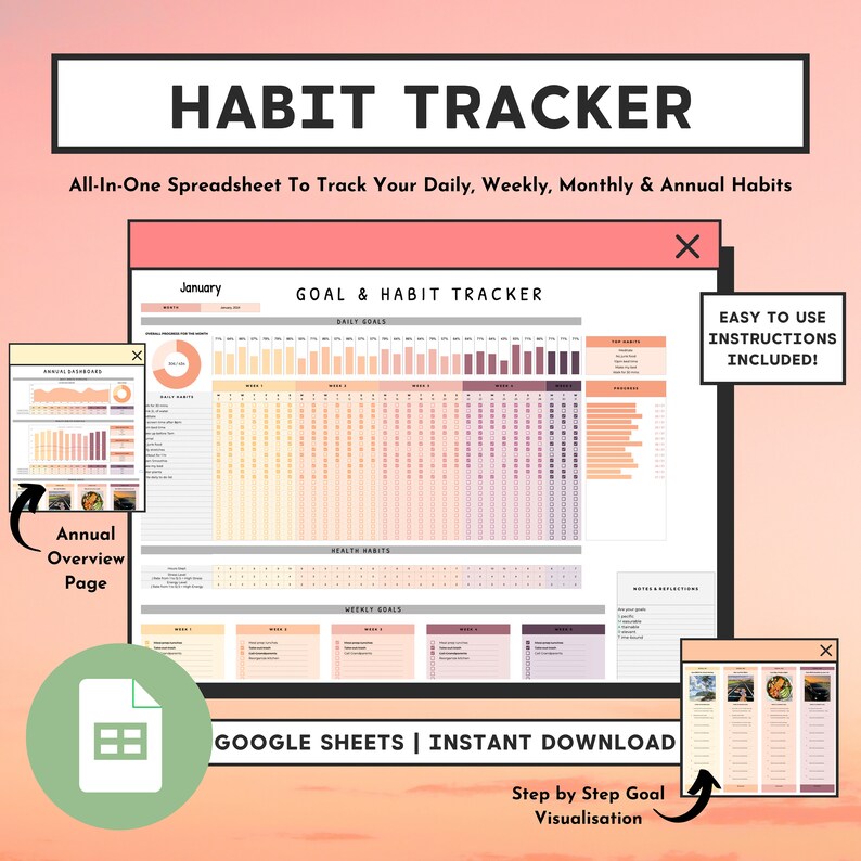 Habit Tracker Spreadsheet, Google Sheets Template, Daily, Weekly ...