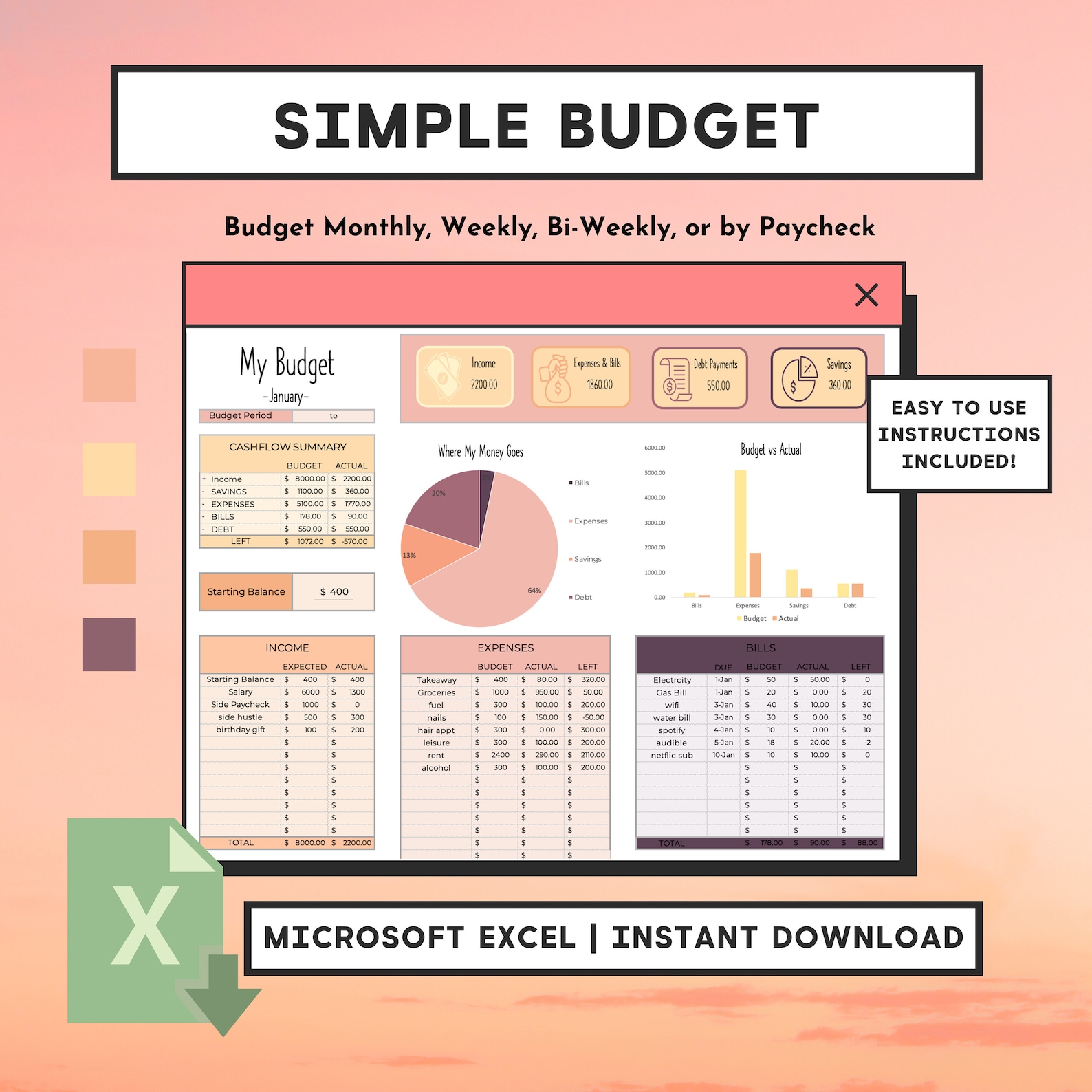 Simple Budget for Beginners, Excel Spreadsheet Template, Paycheck ...