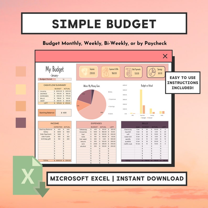 Simple Budget for Beginners, Excel Spreadsheet Template, Paycheck ...