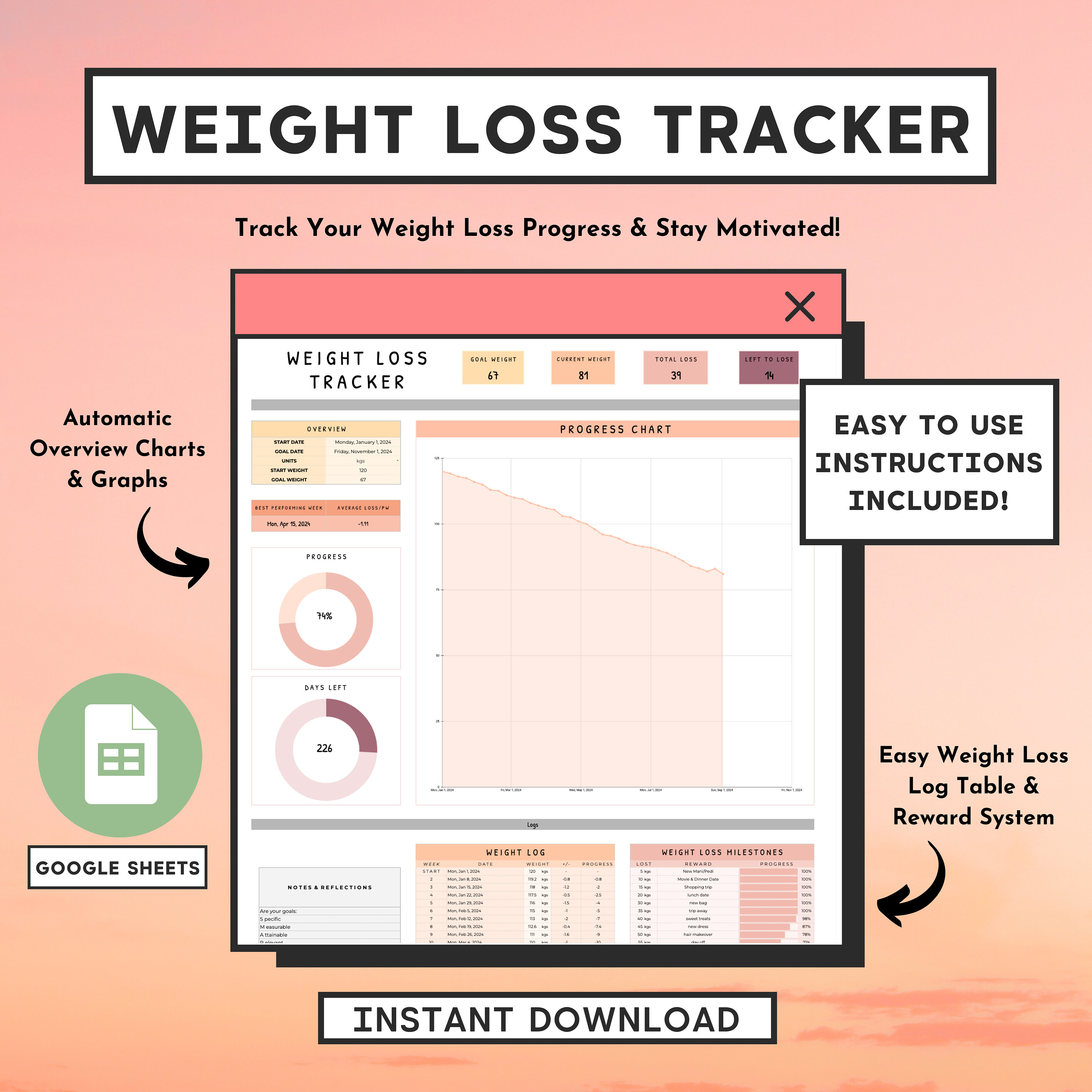 Weight Loss Tracker Spreadsheet, Google Sheets Template, Digital Weight ...