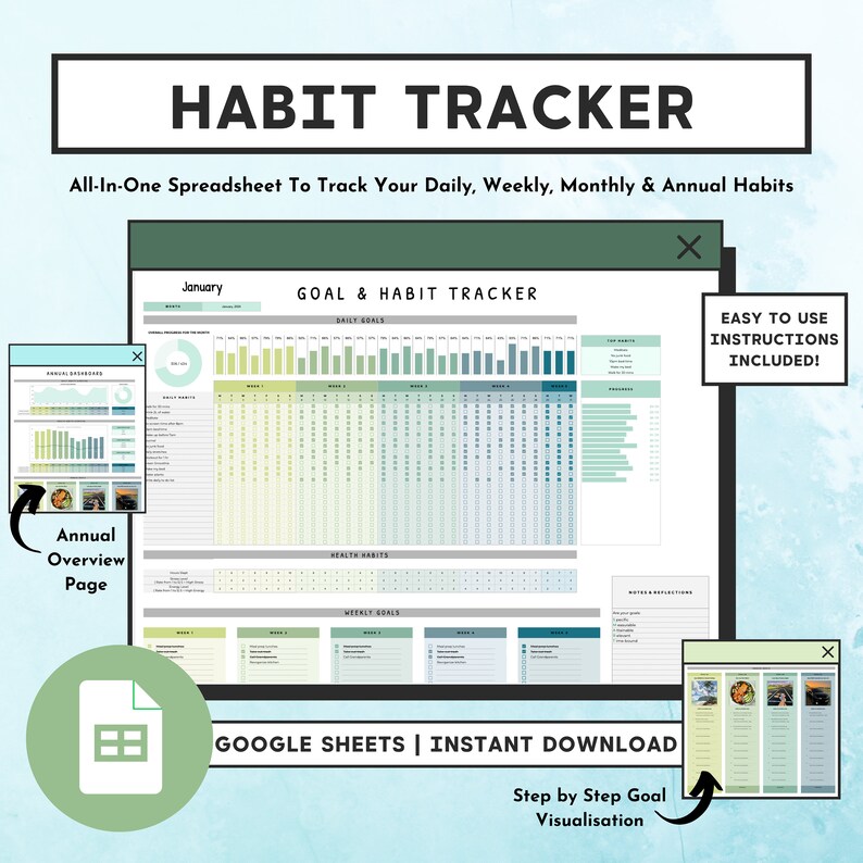 Habit Tracker Spreadsheet, Google Sheets Template, Daily, Weekly ...