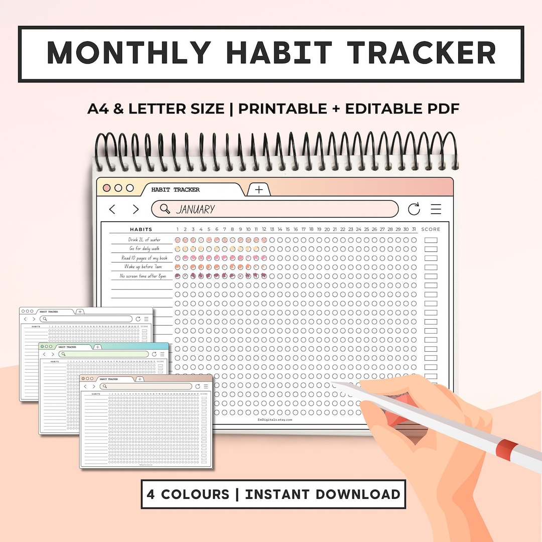 Monthly Habit Tracker Printable, Daily Routine Tracker, Habit Building ...