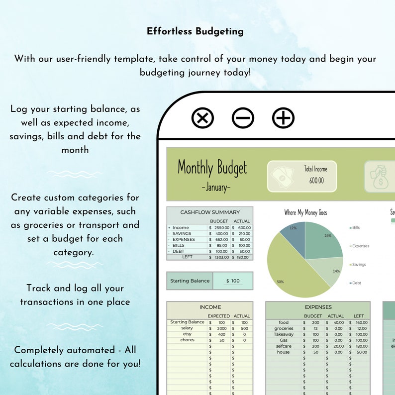 Monthly Budget Template, Beginner Excel Spreadsheet, Colorful Financial ...
