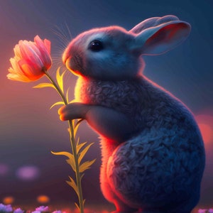 Bunny Holding Flower Digital Nursery Print | Cute Rabbit Kids Room Wall ...