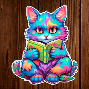 Rainbow Cat Reading A Book Waterproof Vinyl Sticker | Kitty Sticker ...