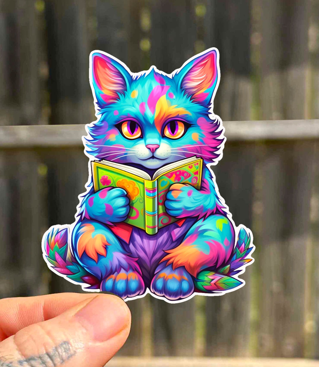 Rainbow Cat Reading A Book Waterproof Vinyl Sticker | Kitty Sticker ...