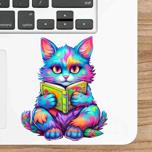 Rainbow Cat Reading A Book Waterproof Vinyl Sticker | Kitty Sticker ...