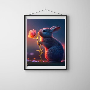 Bunny Holding Flower Digital Nursery Print | Cute Rabbit Kids Room Wall ...
