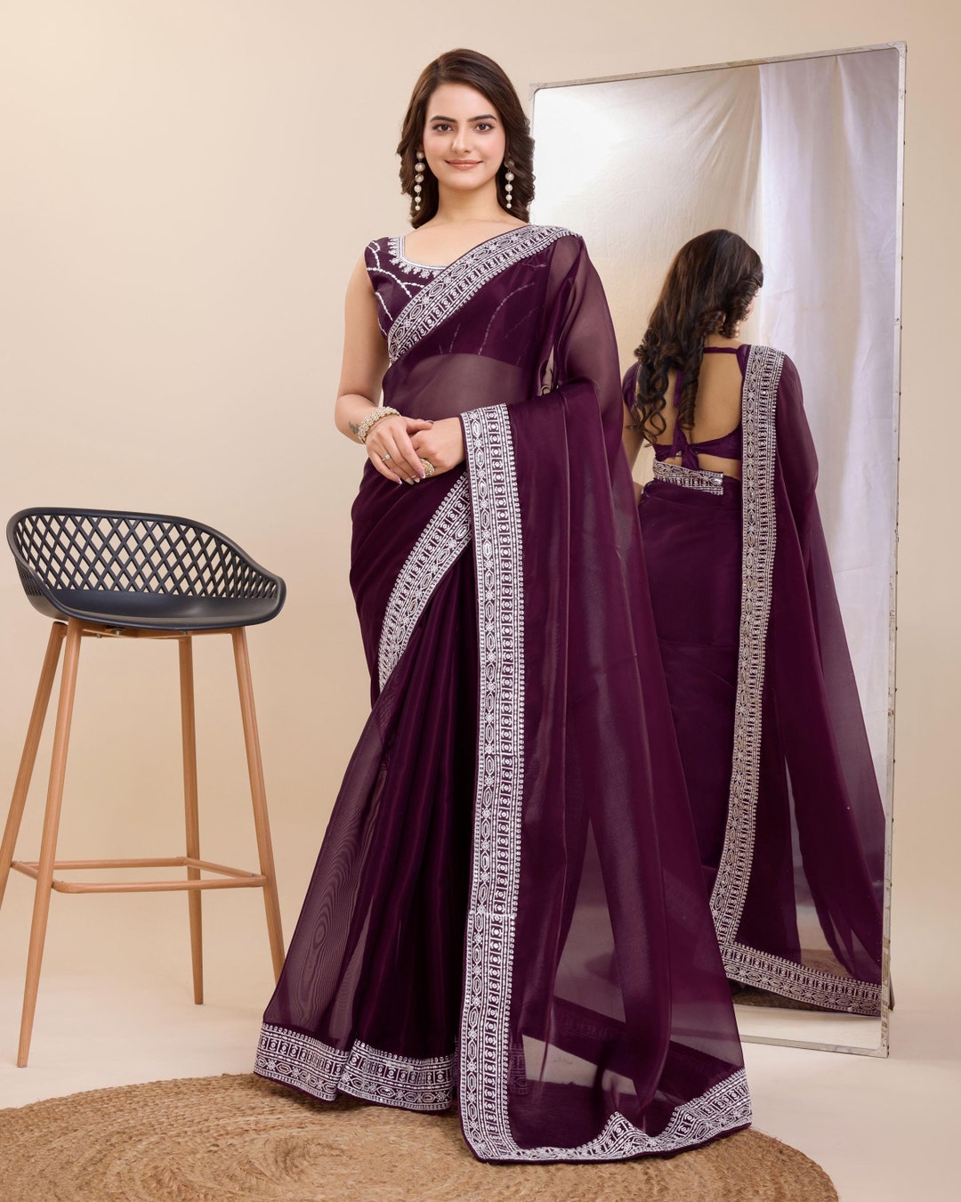 Ready to Wear Jimmy Chau Silk Saree Beautiful Embroidery Border Saree ...