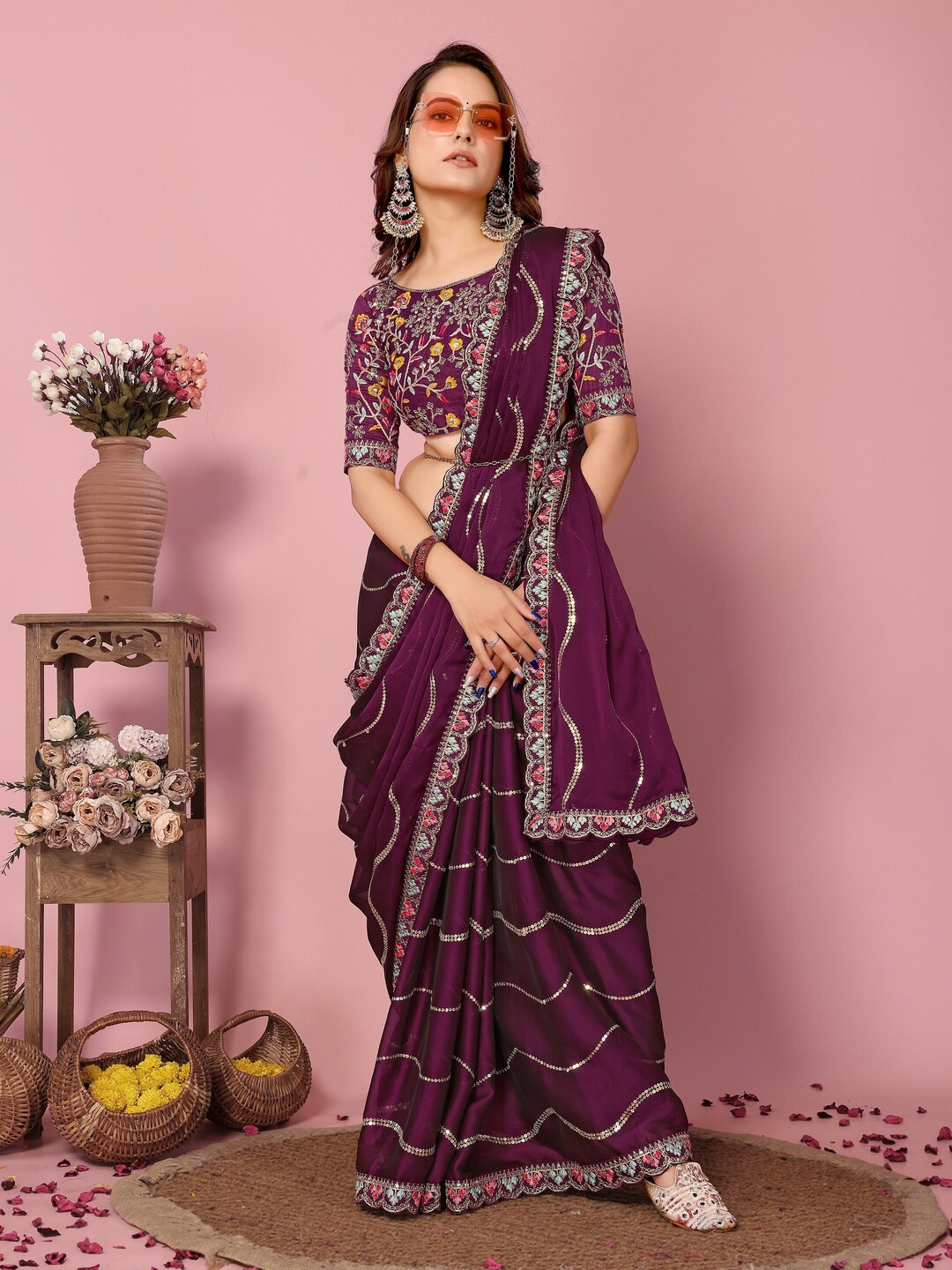 WINE COLOR SAREE | Rangoli Silk Saree | Saree With Blouse | Wedding ...
