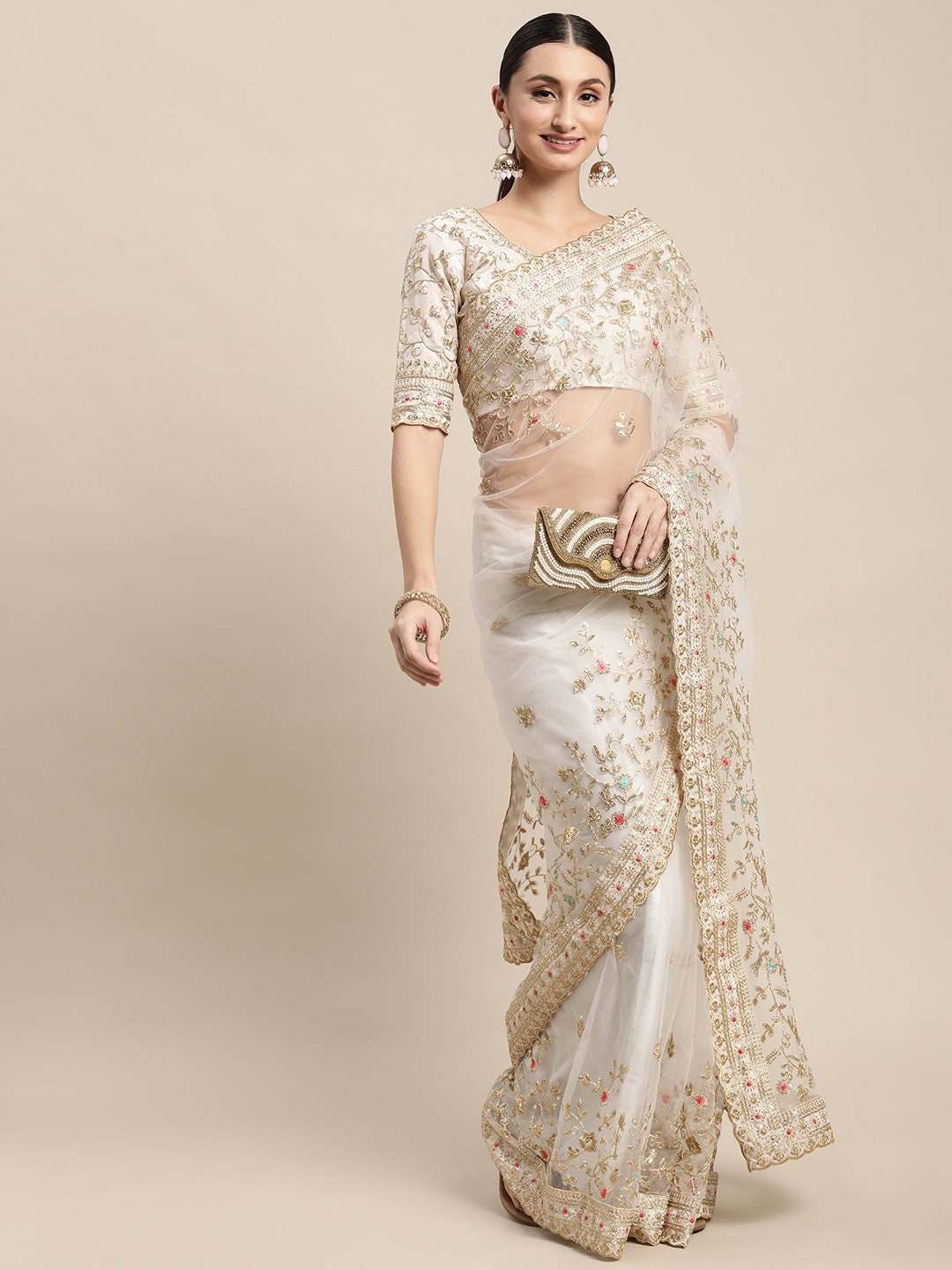 White Color Pure Soft Net Saree With Work, All Over Floral Work Saree ...