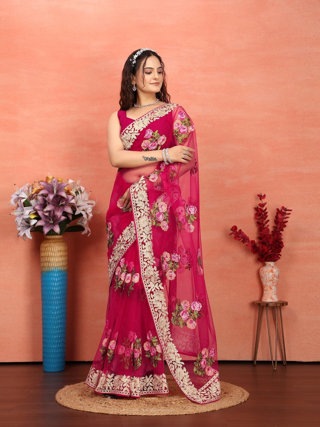 Pink Net Saree Embroidery Work Saree Celebrity Saree Soft Net Saree ...