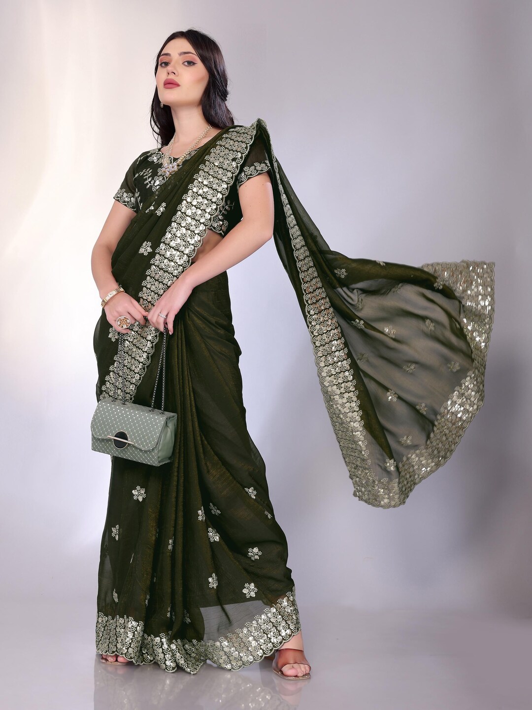 Olive Green Crunchy Organza Silk Saree: Embroidered Sequin Party Wear ...
