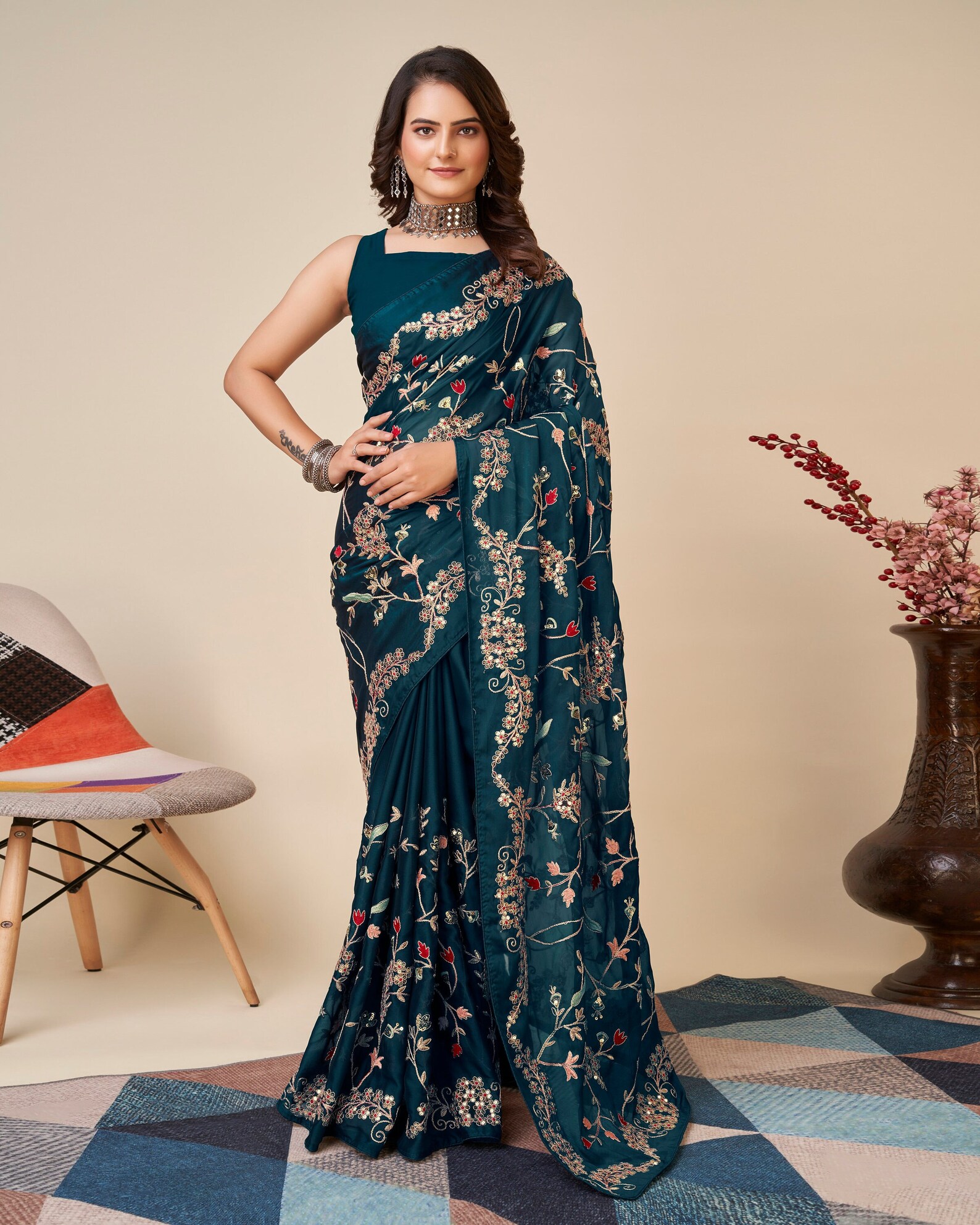 Deep Turquoise Color Rangoli Silk Thread Embroidered Saree, Saree for ...