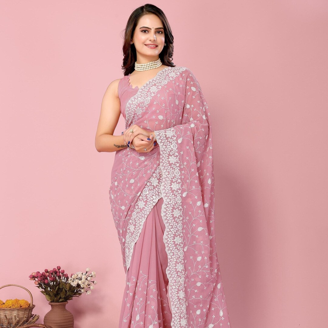 Embroidered Georgette Saree: Elegant Wedding Sari With Unstitched ...
