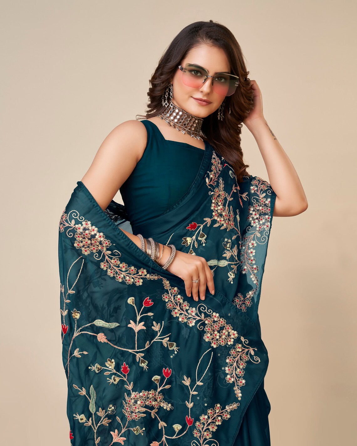 Deep Turquoise Color Rangoli Silk Thread Embroidered Saree, Saree for ...