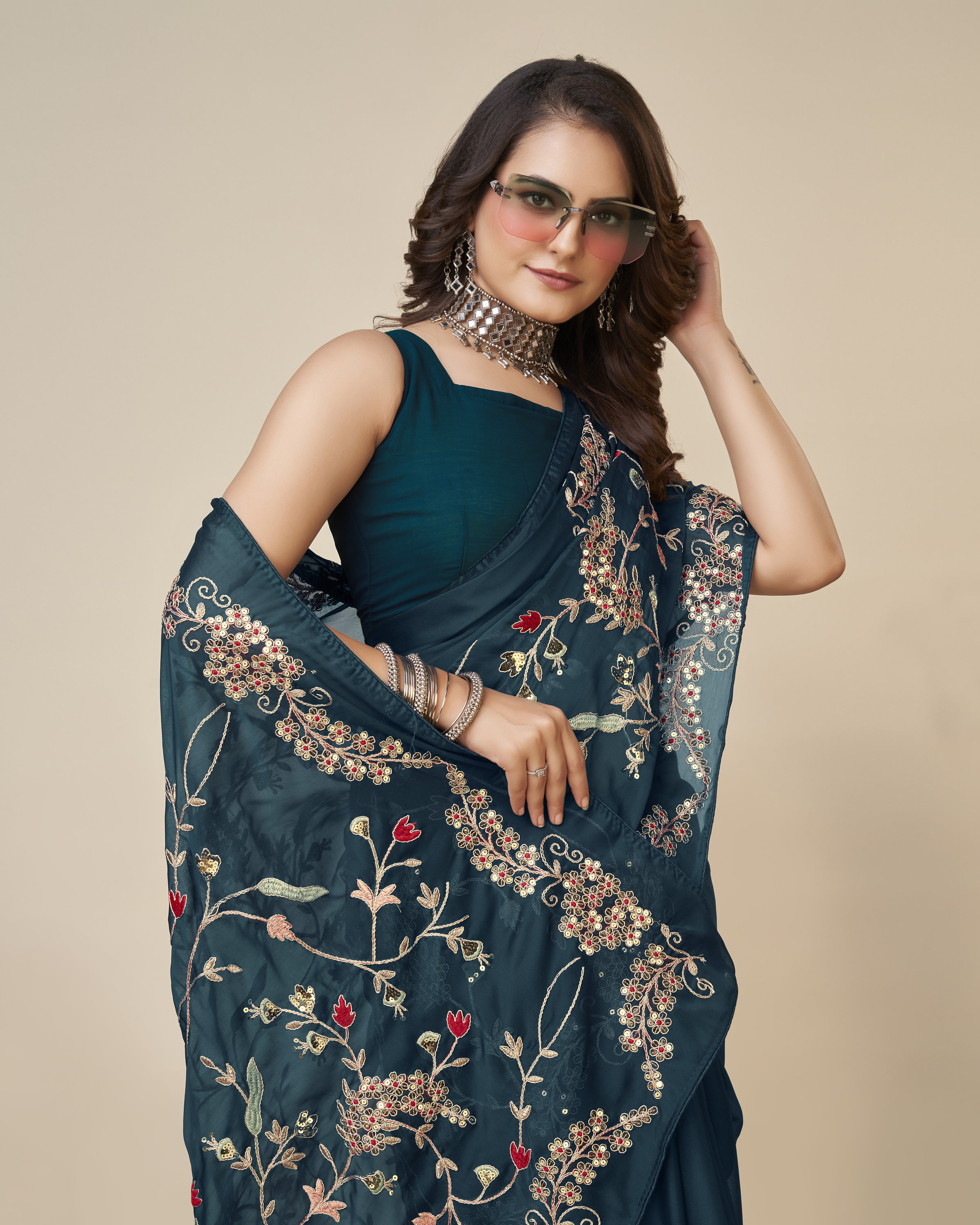 Deep Turquoise Color Rangoli Silk Thread Embroidered Saree, Saree for ...