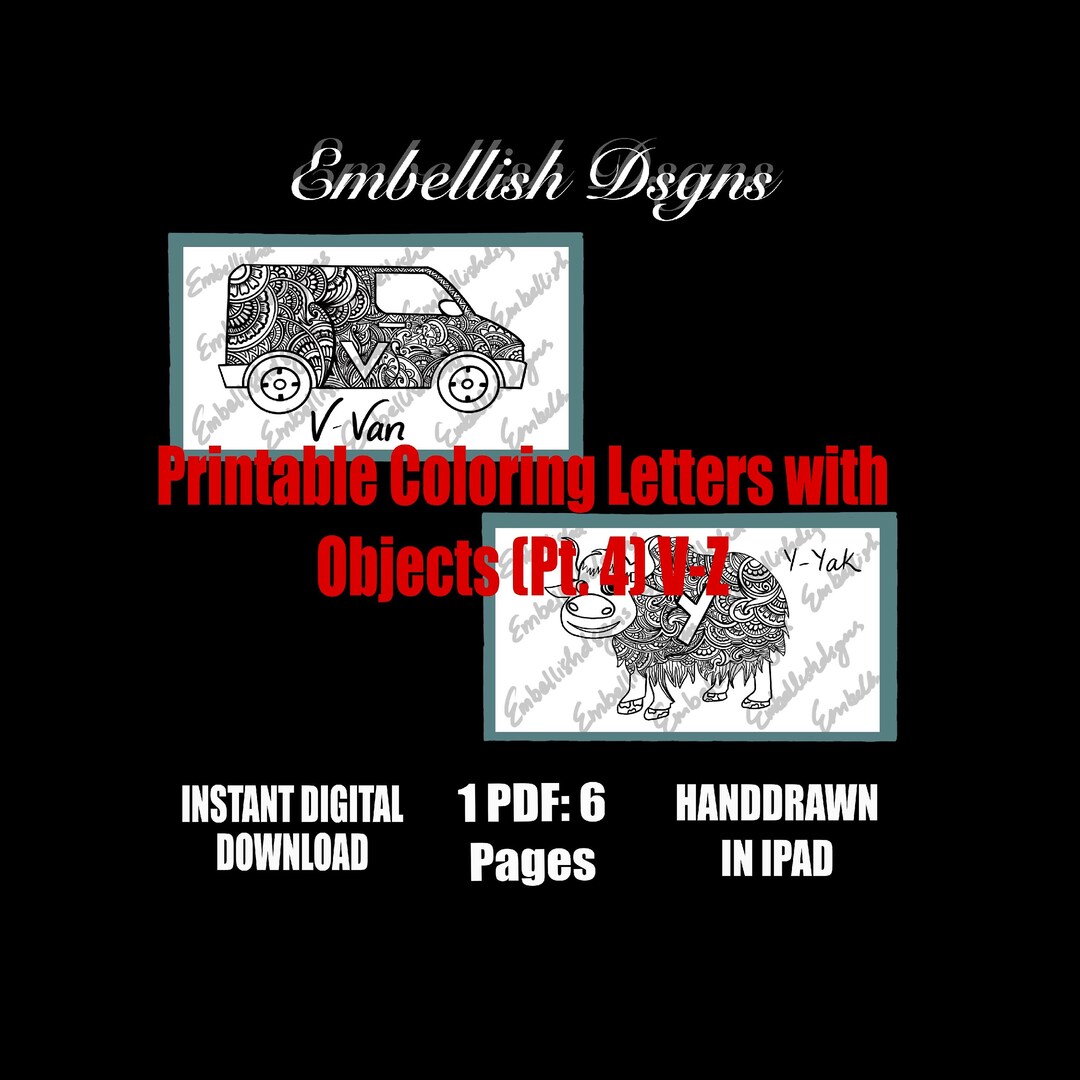 Letters With Objects Coloring Pages V-Z, Instant DIGITAL Download, 6 ...