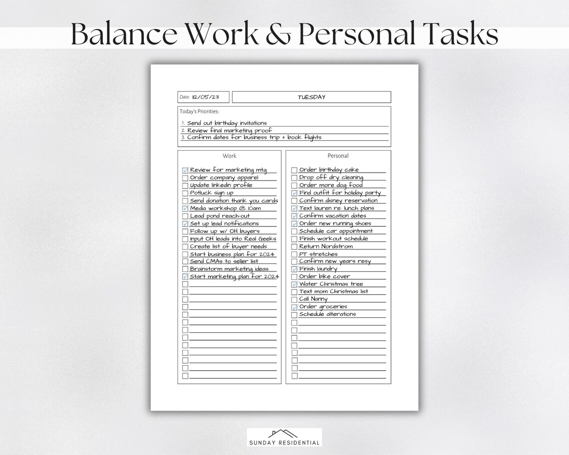 Work-life Balance To-do List Printable Template, To-do List, Daily ...