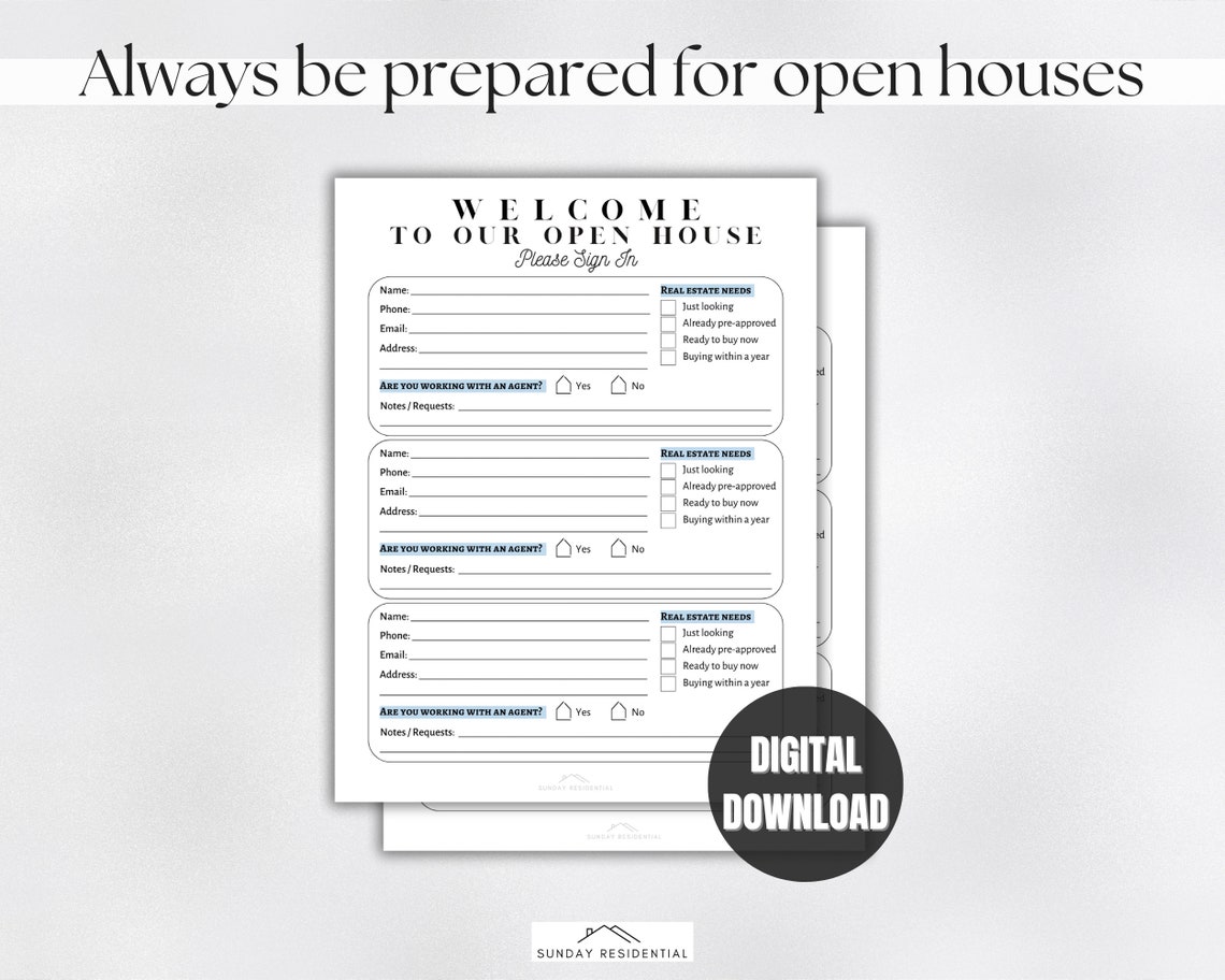 Open House Sign in Sheet - Printable, Digital Download, Simple Client ...