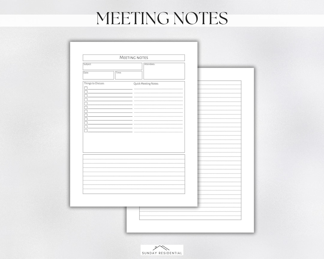 Meeting Notes Printable Template, Meeting Minutes, Meeting Agenda ...