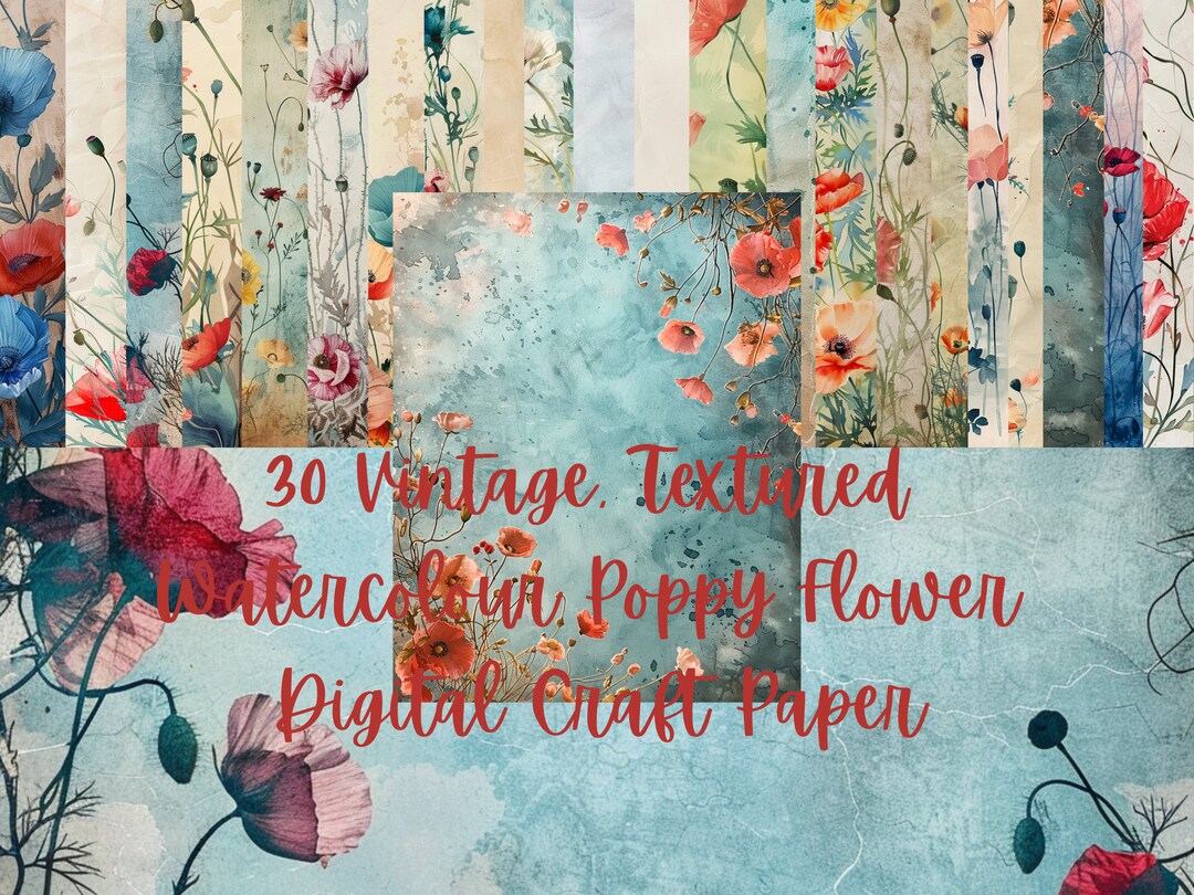 30 Printable Vintage Poppy Flower Digital Paper P1, Images, PNG, Junk ...