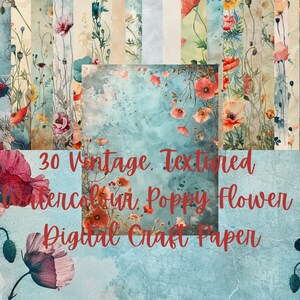 30 Printable Vintage Poppy Flower Digital Paper P1, Images, PNG, Junk ...