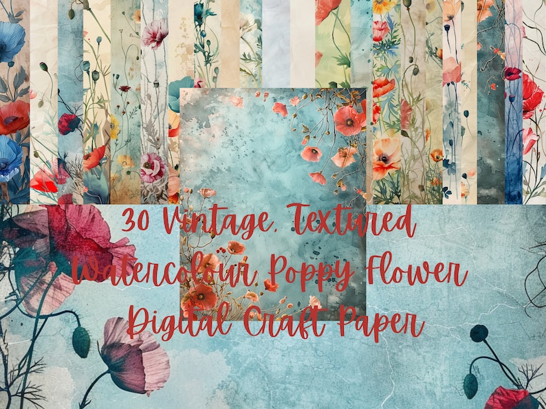 30 Printable Vintage Poppy Flower Digital Paper P1, Images, PNG, Junk ...