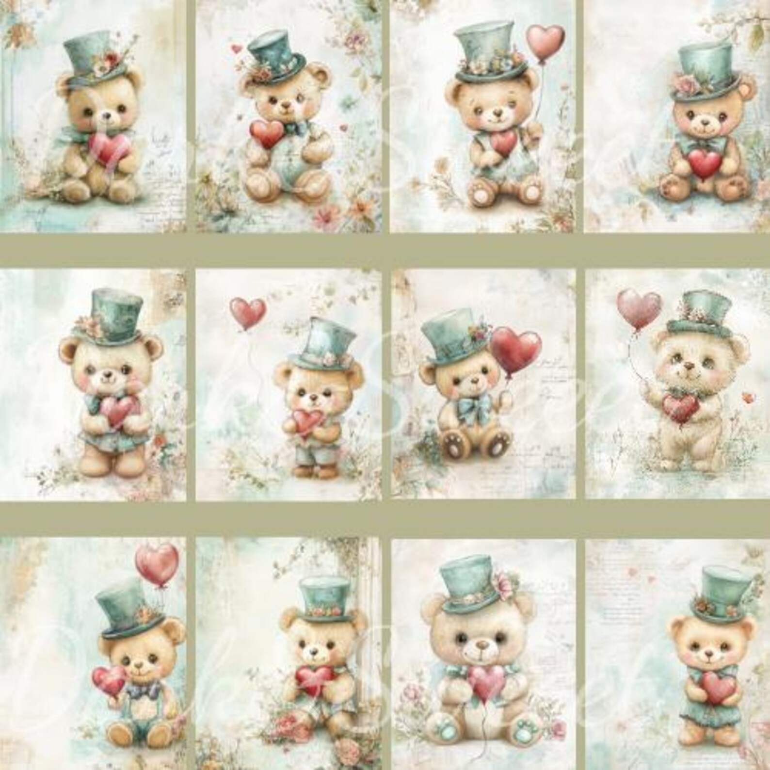 Whimsical Teddy Bear Digital Paper Pack | Cute Vintage Valentine’s ...