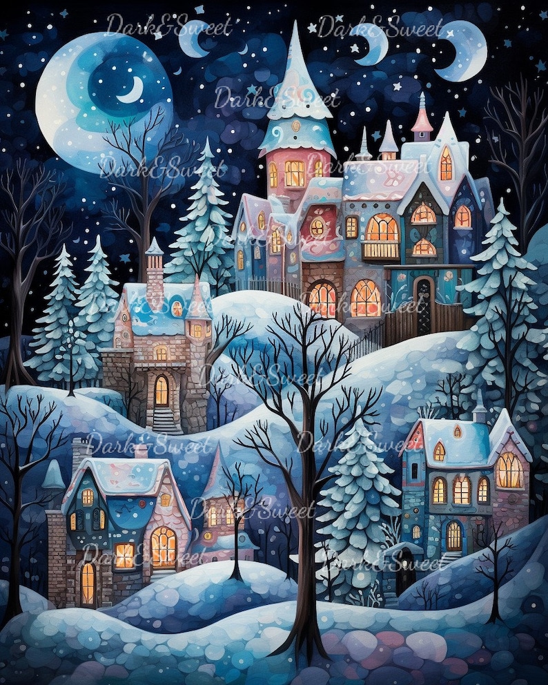 10 Printable Whimsical Fantasy Winter Town Digital Paper, Image's, Junk ...