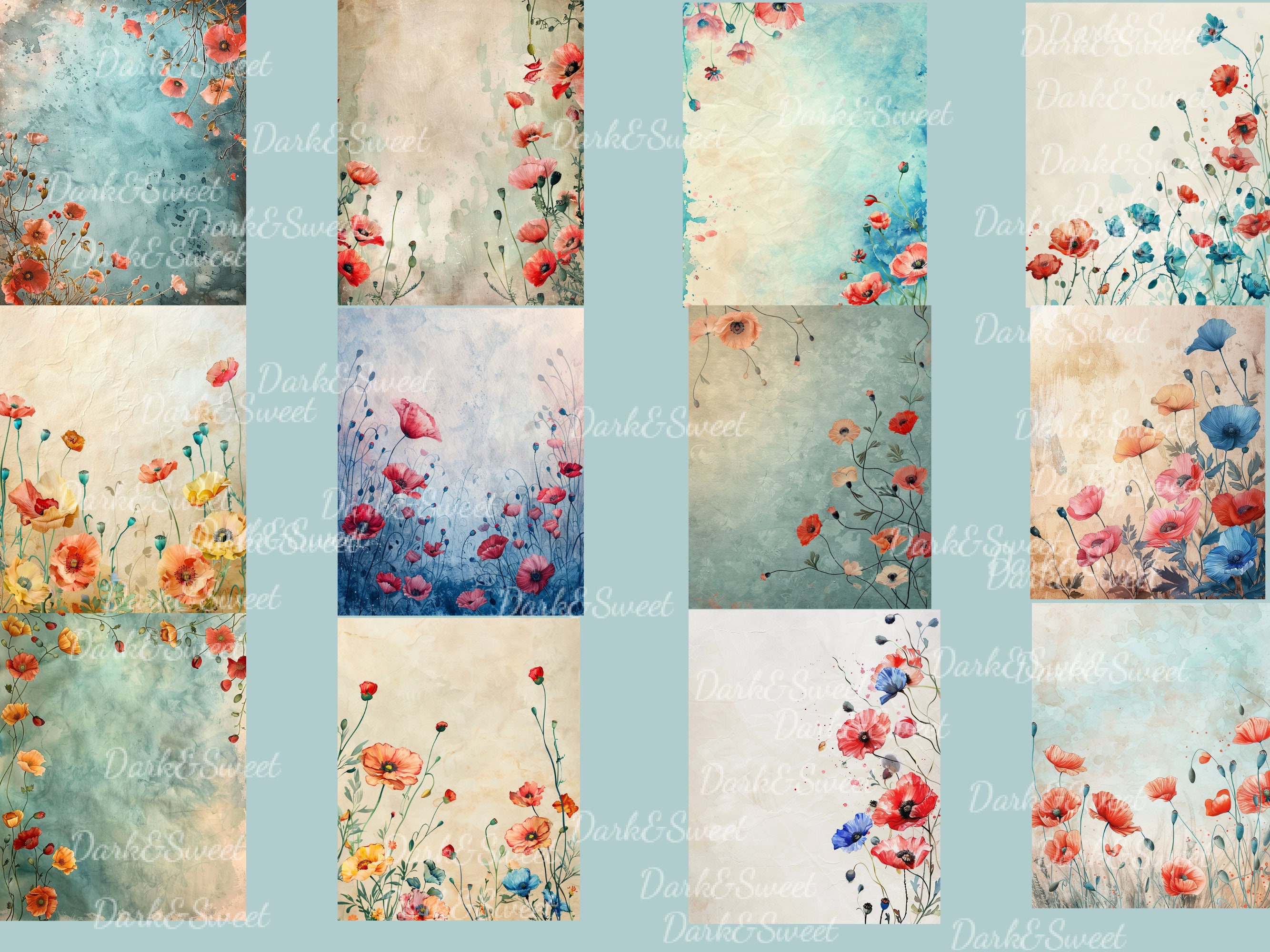 30 Printable Vintage Poppy Flower Digital Paper P1, Images, PNG, Junk ...