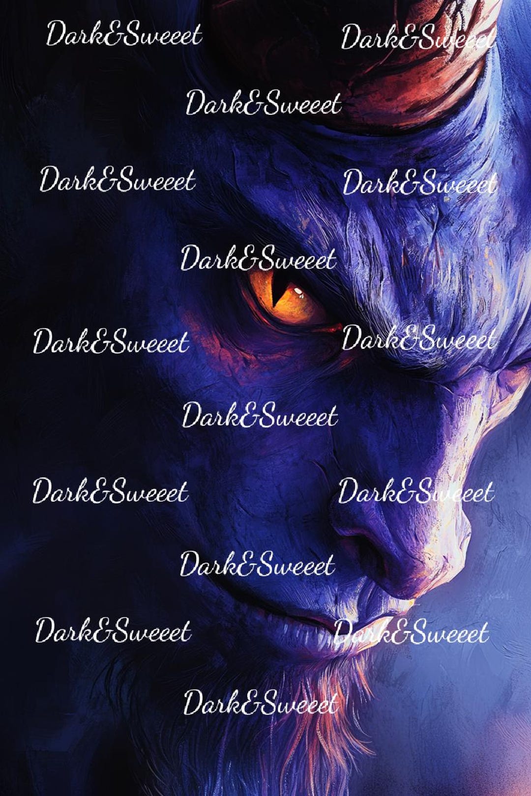 Dark Fantasy Demon Portrait Wall Art - Intense Blue Demon Face Close-up ...