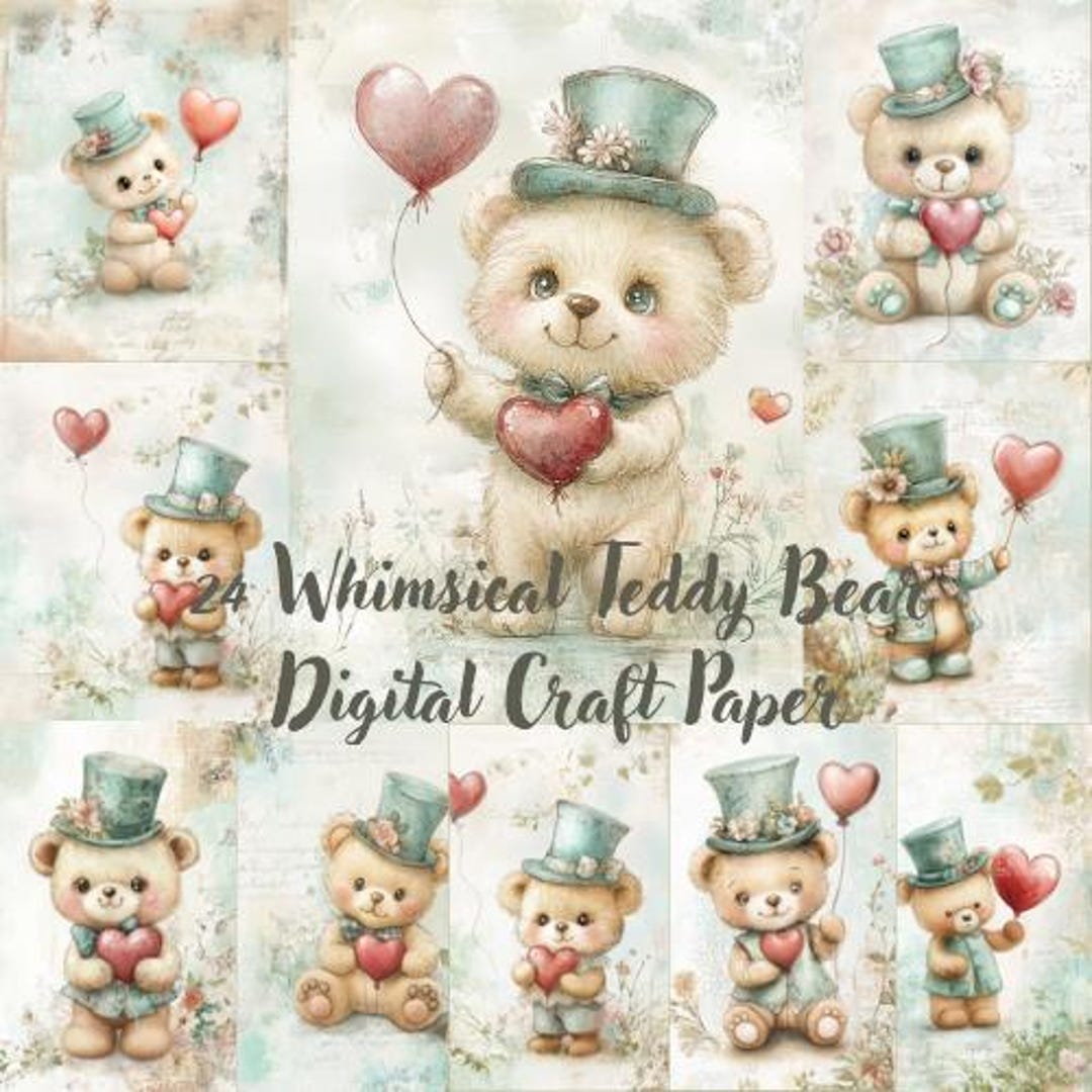 Whimsical Teddy Bear Digital Paper Pack | Cute Vintage Valentine’s ...