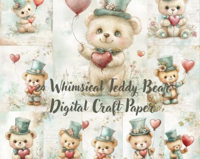 Whimsical Teddy Bear Digital Paper Pack | Cute Vintage Valentine’s ...