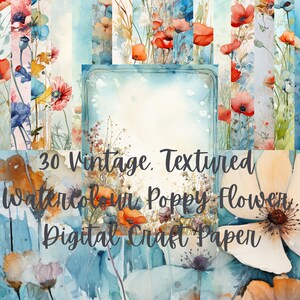 30 Printable Vintage, Poppy Flower Digital Paper P2, Images, PNG, Junk ...