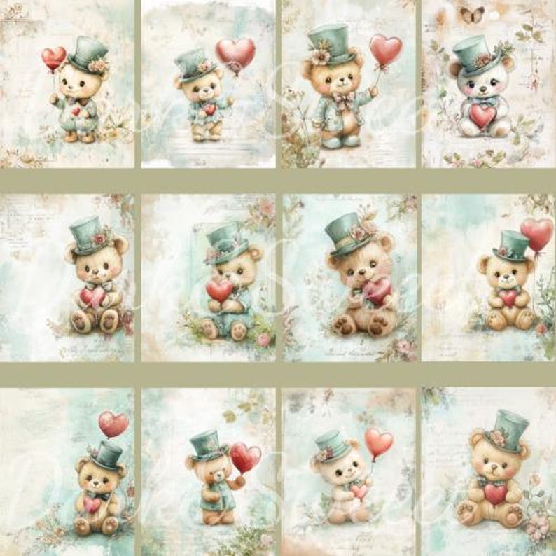 Whimsical Teddy Bear Digital Paper Pack | Cute Vintage Valentine’s ...