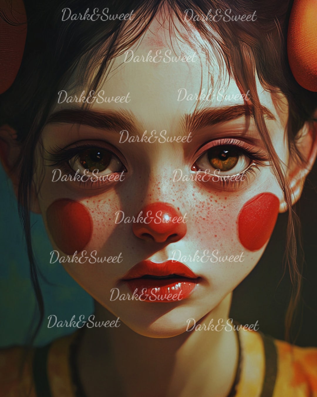Emotional Clown Girl Portrait - Realistic Art With Freckles and Red ...
