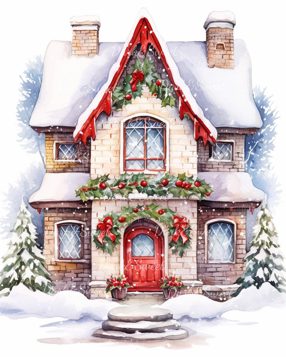 10 Christmas Cottage Clip Art- High Quality Jpgs - Digital Download ...