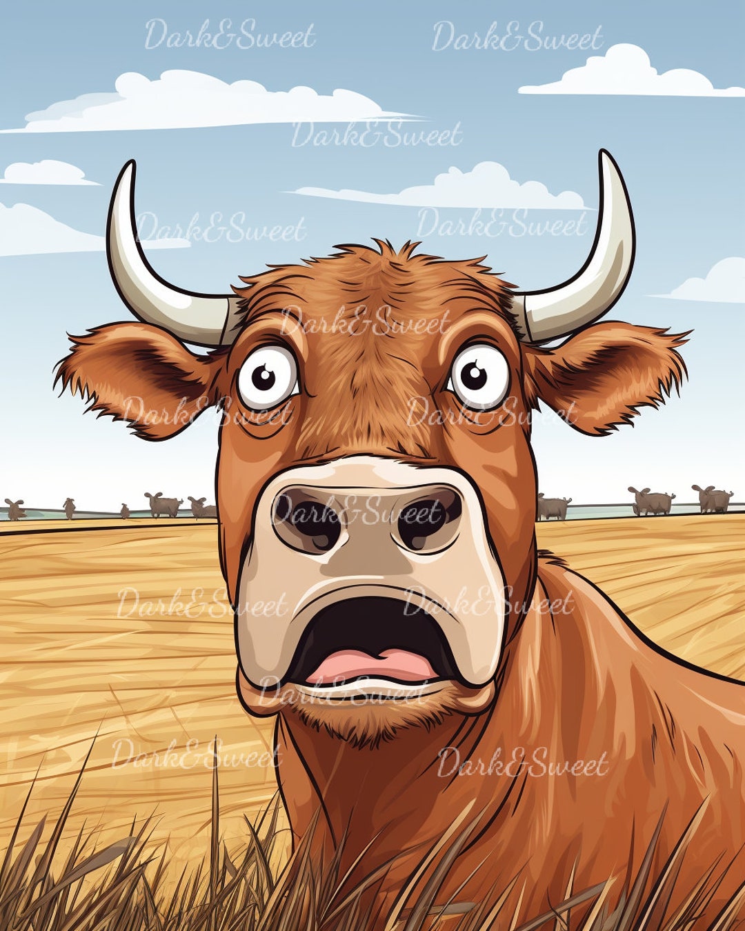 Surprised Cartoon Cow | Funny Farm Animal Art Print | Whimsical Cow ...
